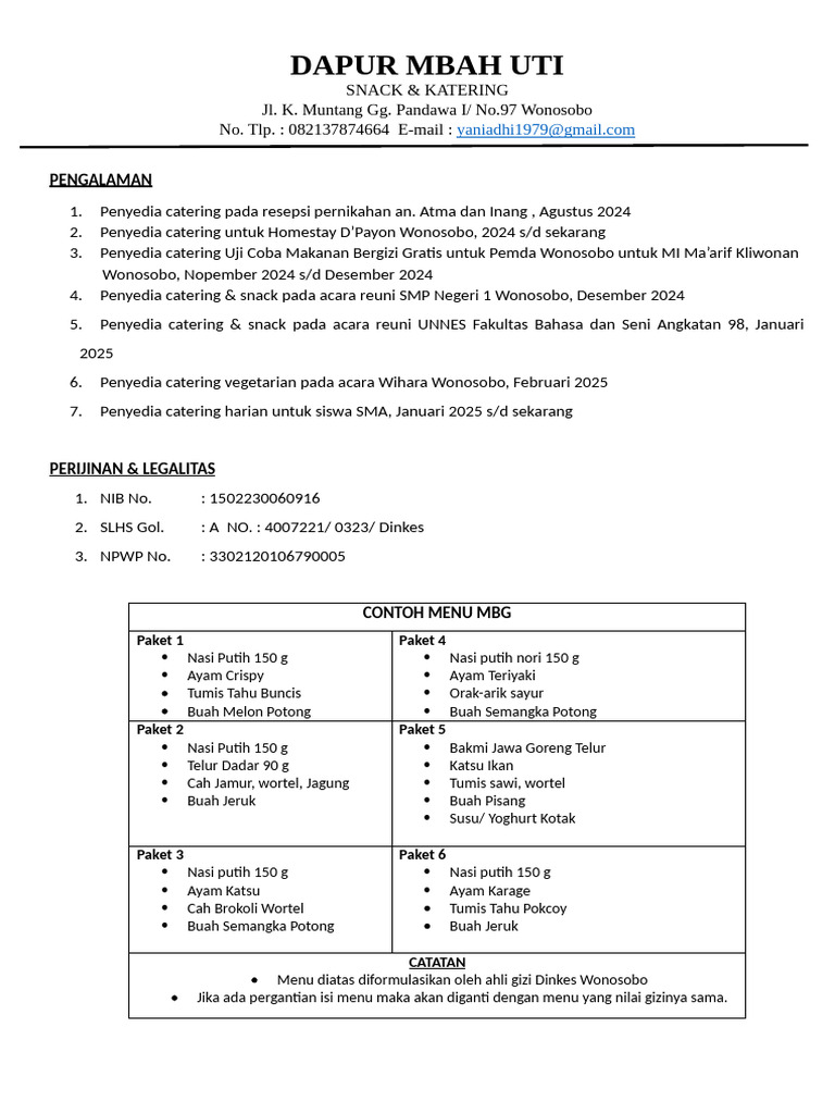 Program Catering Dapur Mbah Uti | PDF