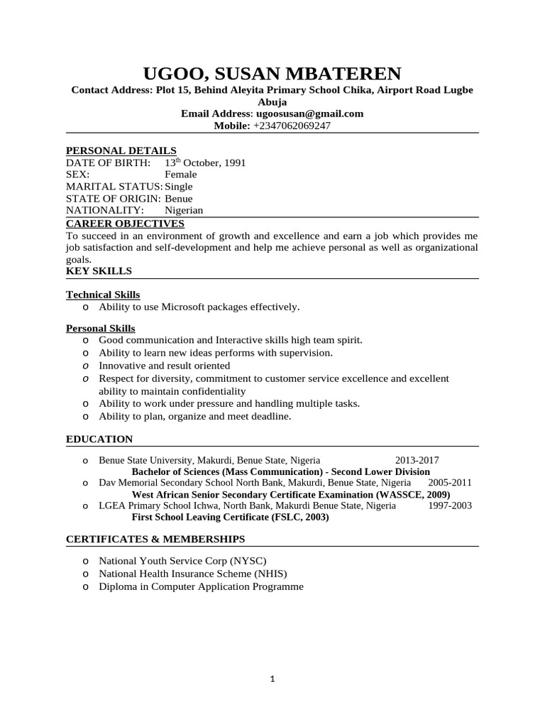 Ugoo Susan Cv | PDF | Nigeria