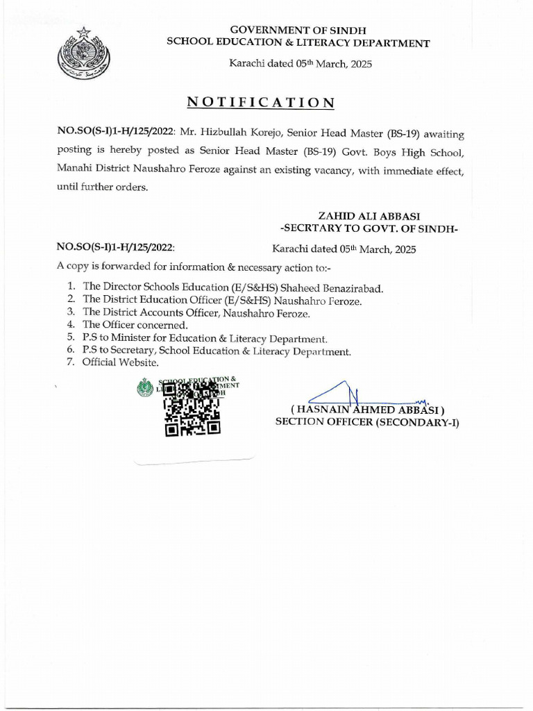 Notification For Transfer and Posting As Senior HM (BS-19) in Respect of MR Hizbullah Korejo | PDF