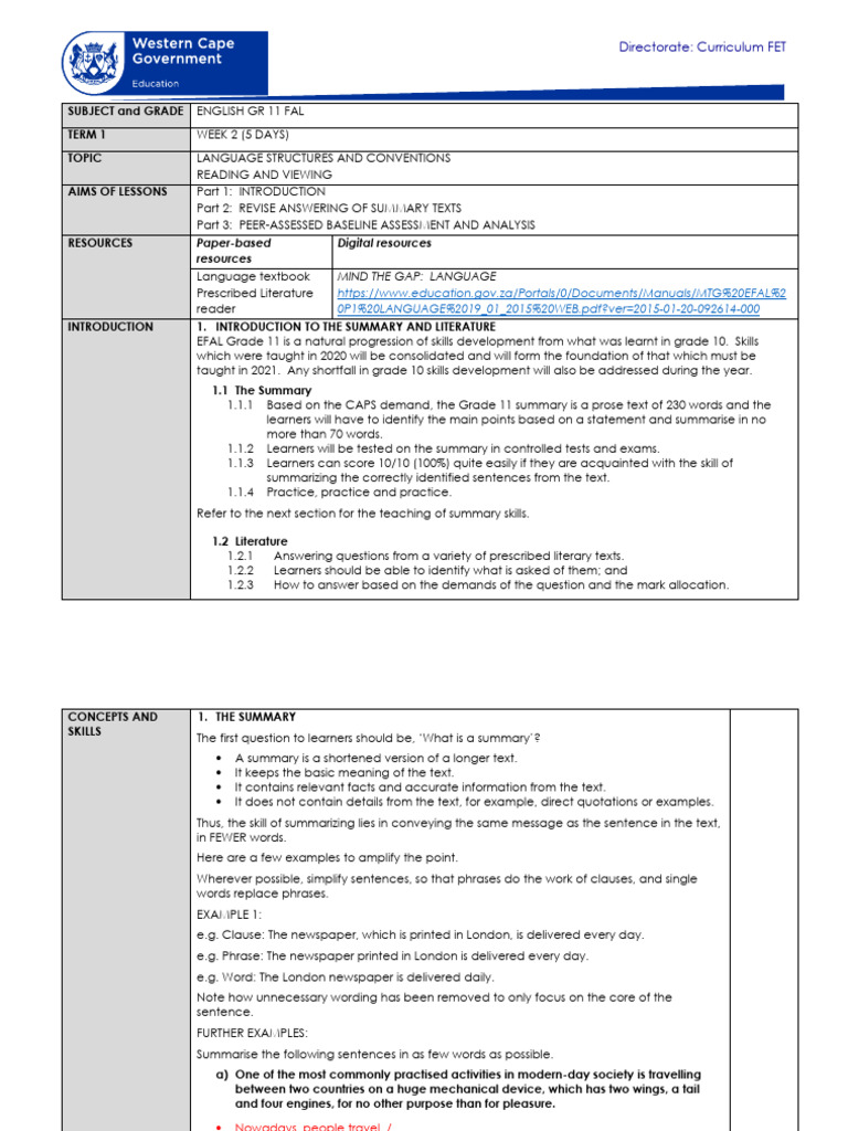 Grade 11 EFAL Summary Skills Guide | PDF | Question | Water