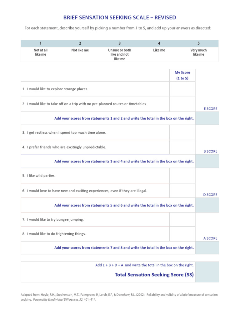 Appendix - Brief Sensation Seeking Scale | PDF