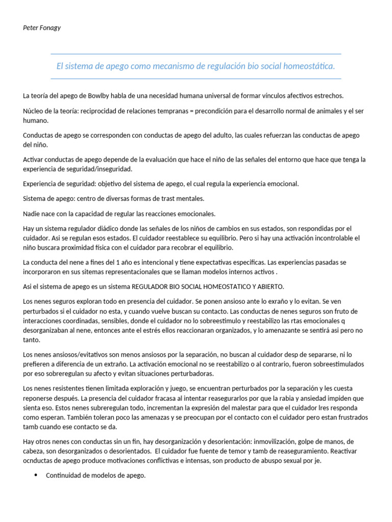 El Sistema de Apego Como Mecanismo de Regulación Bio Social Homeostática | PDF | Teoría de apego ...