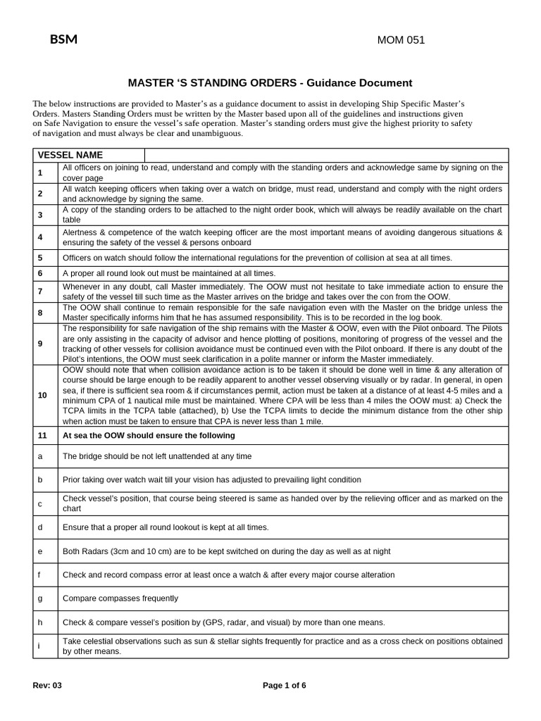 MOM 051 Masters Standing Orders | PDF | Navigation
