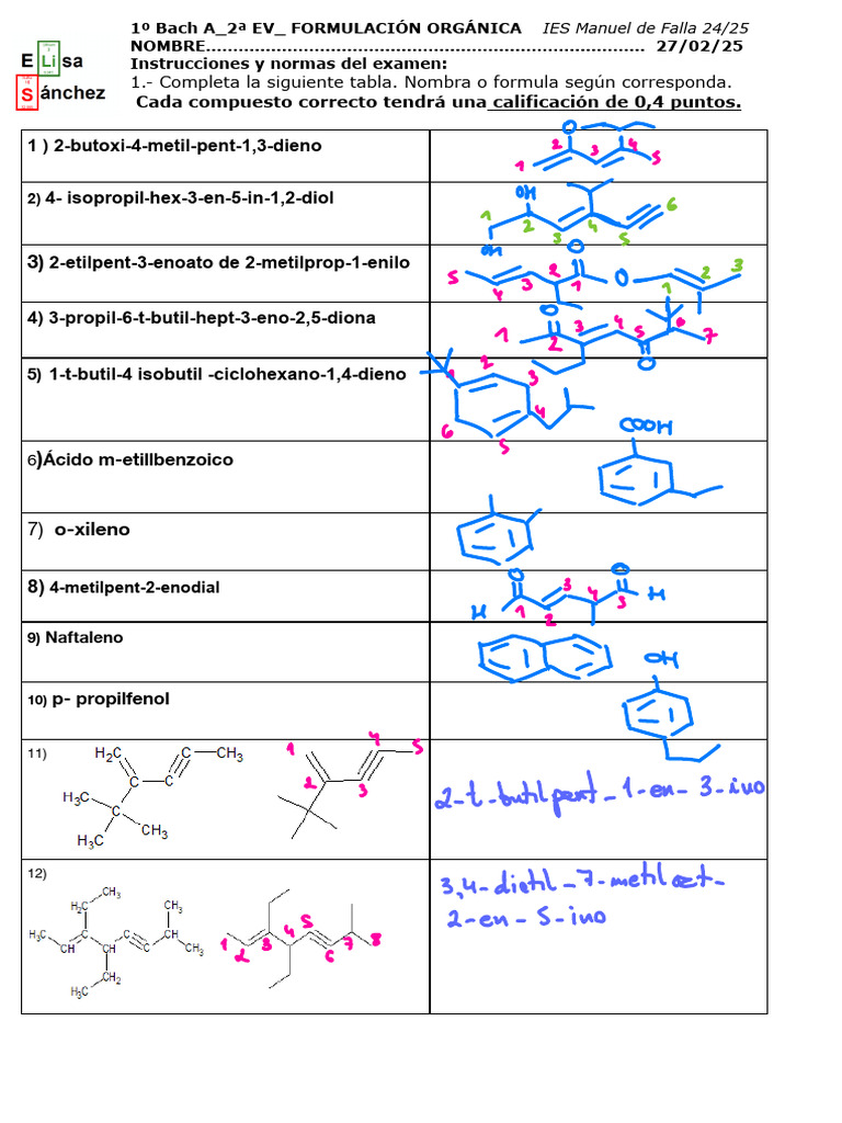 Examen de Formulación Orgánica 1º Bachillerato | PDF | Química Orgánica ...