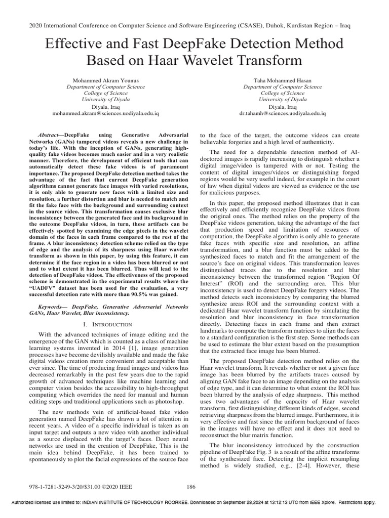 Effective and Fast DeepFake Detection Method Based on Haar Wavelet Transform | PDF | Wavelet ...