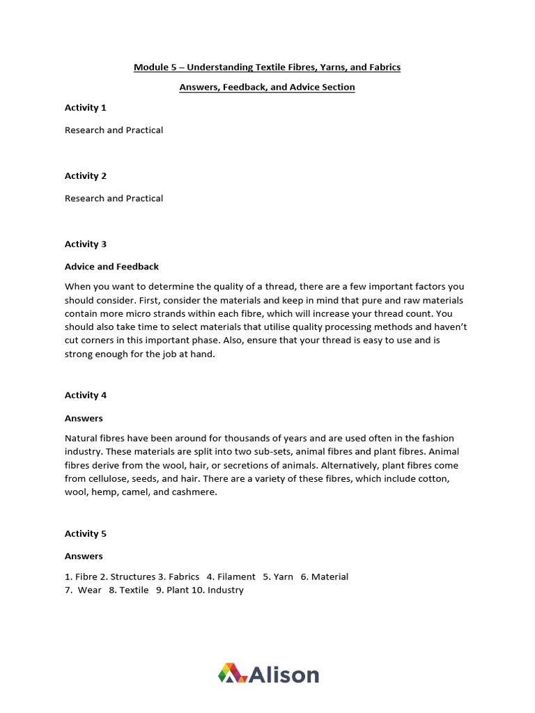 Understanding Textile Fibres, Yarns, and Fabrics Answers, Feedback, and Advice Section Activity ...