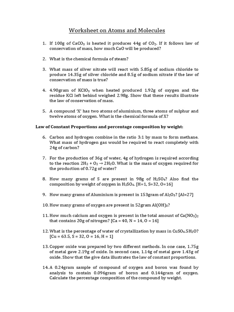Atoms and Molecules Worksheet | PDF | Oxide | Chemical Elements