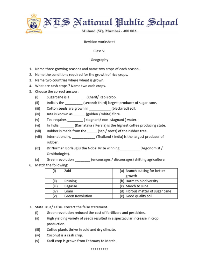 Revision Worksheet - Geo Class VI C | PDF