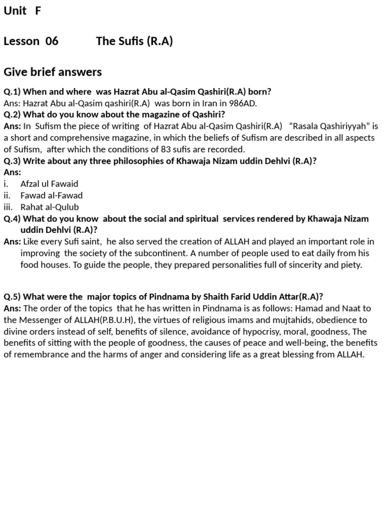 G9 Islam Unit F Lesson 6 | PDF