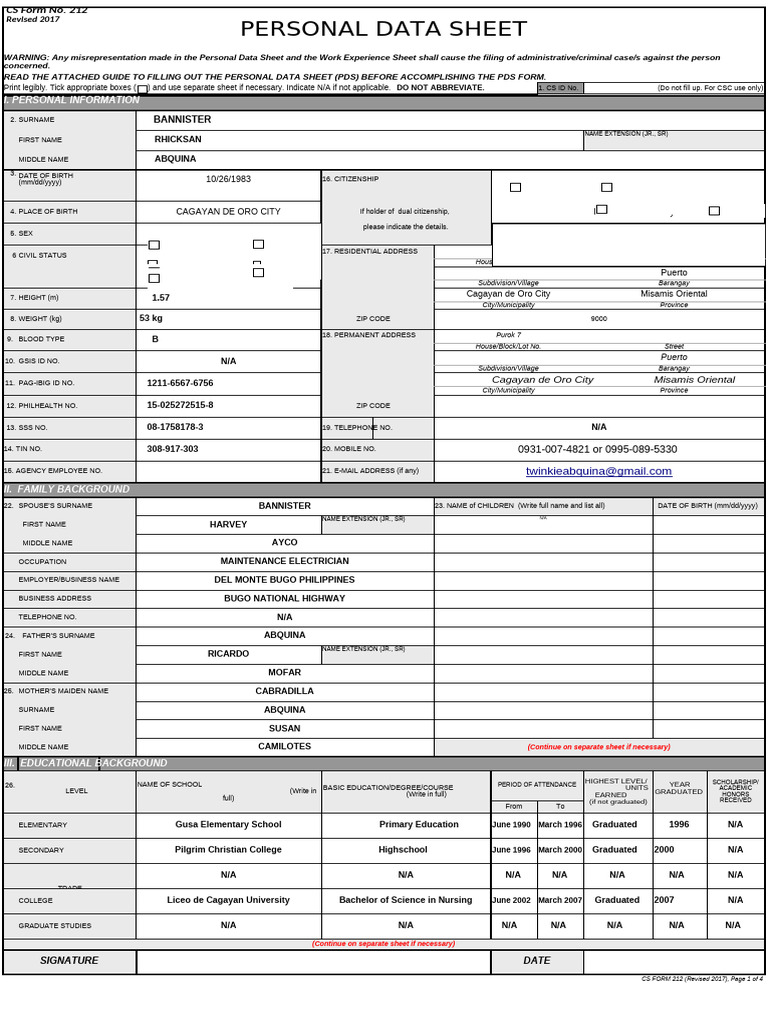 Personal Data Sheet Template | PDF