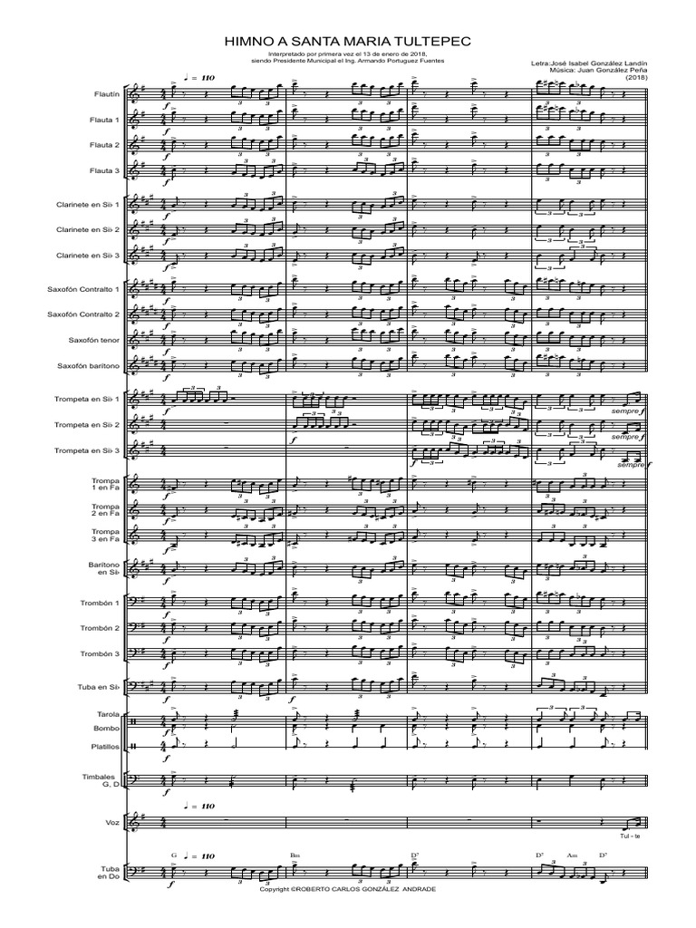 Himno A Santa Maria Tultepec - Partitura y Partes | PDF
