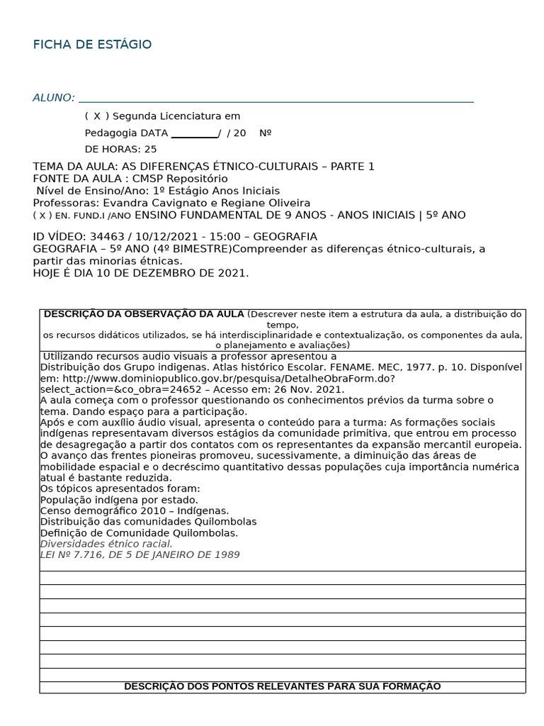 FICHA DE ESTÁGIO | PDF