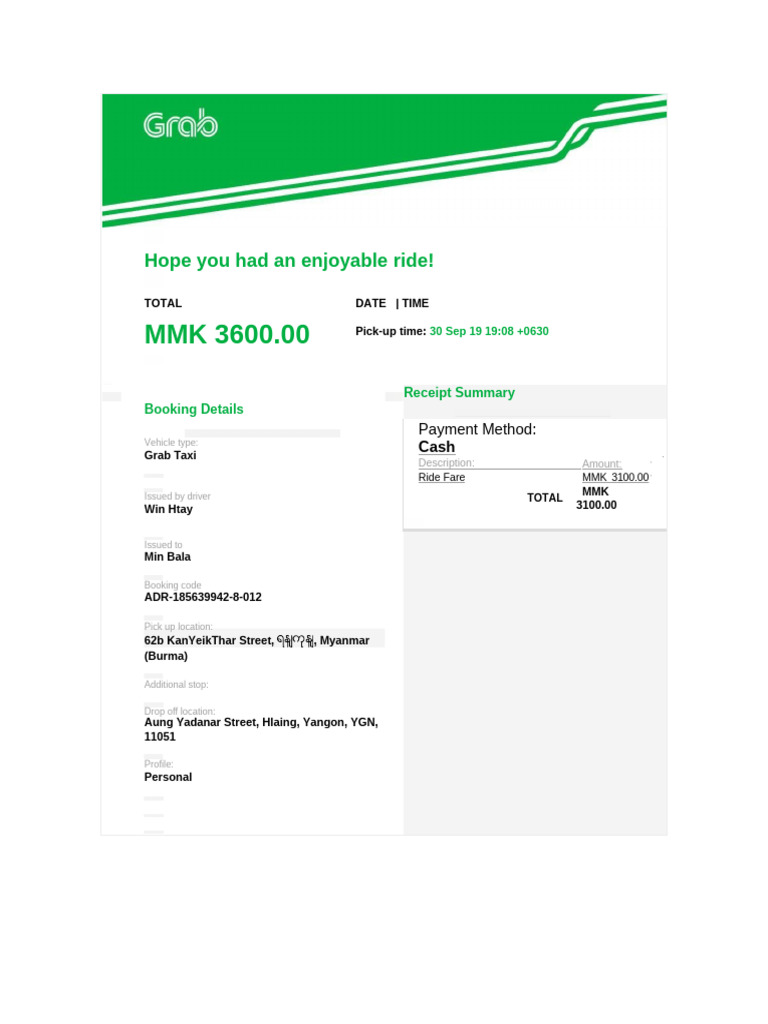 Grab Taxi Fare Receipt Summary | PDF