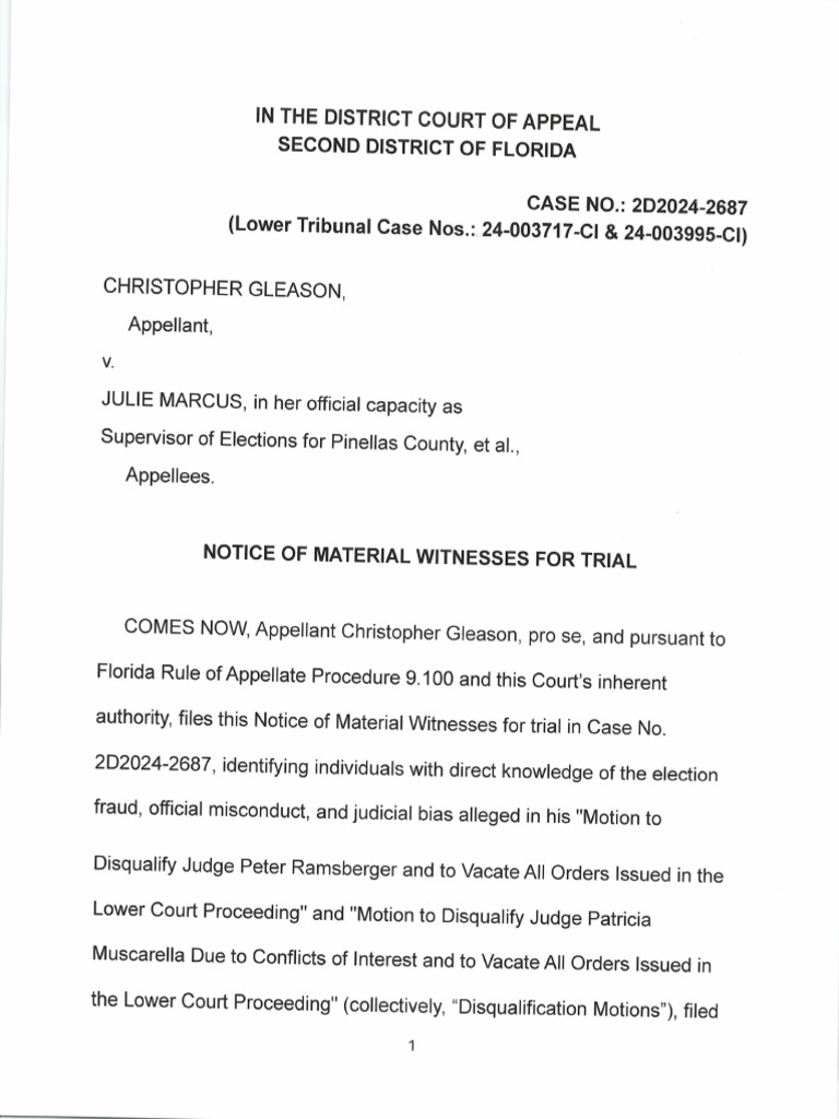 2D2024 - 2687 Appellants Notice of Material Witnesses For Trial | PDF