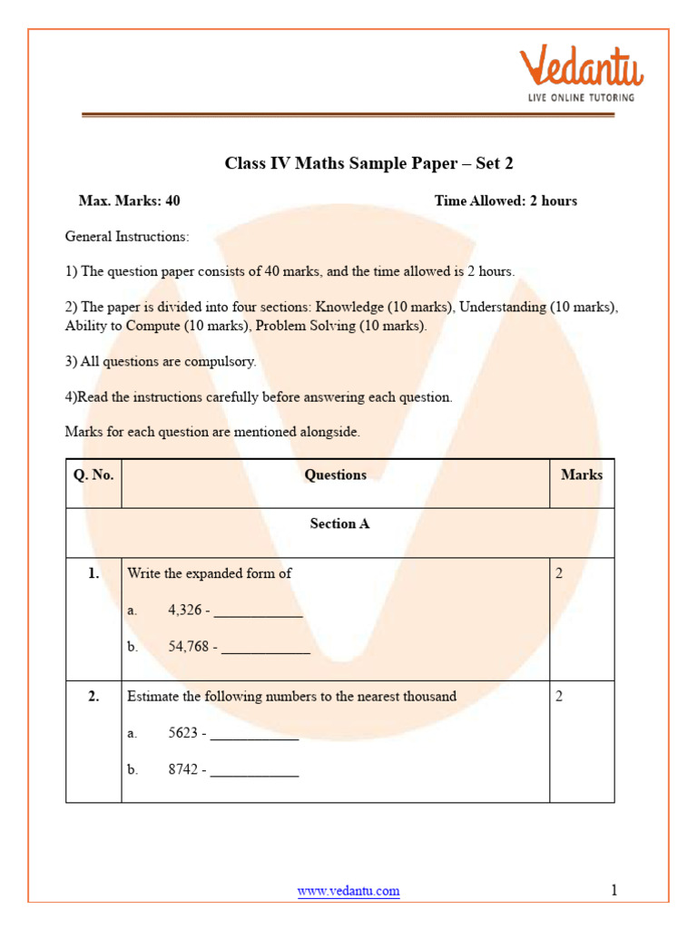 CBSE Class 4 Maths Sample Paper Set 2 With Solutions (2024-25) - FREE PDF | PDF | Decimal ...