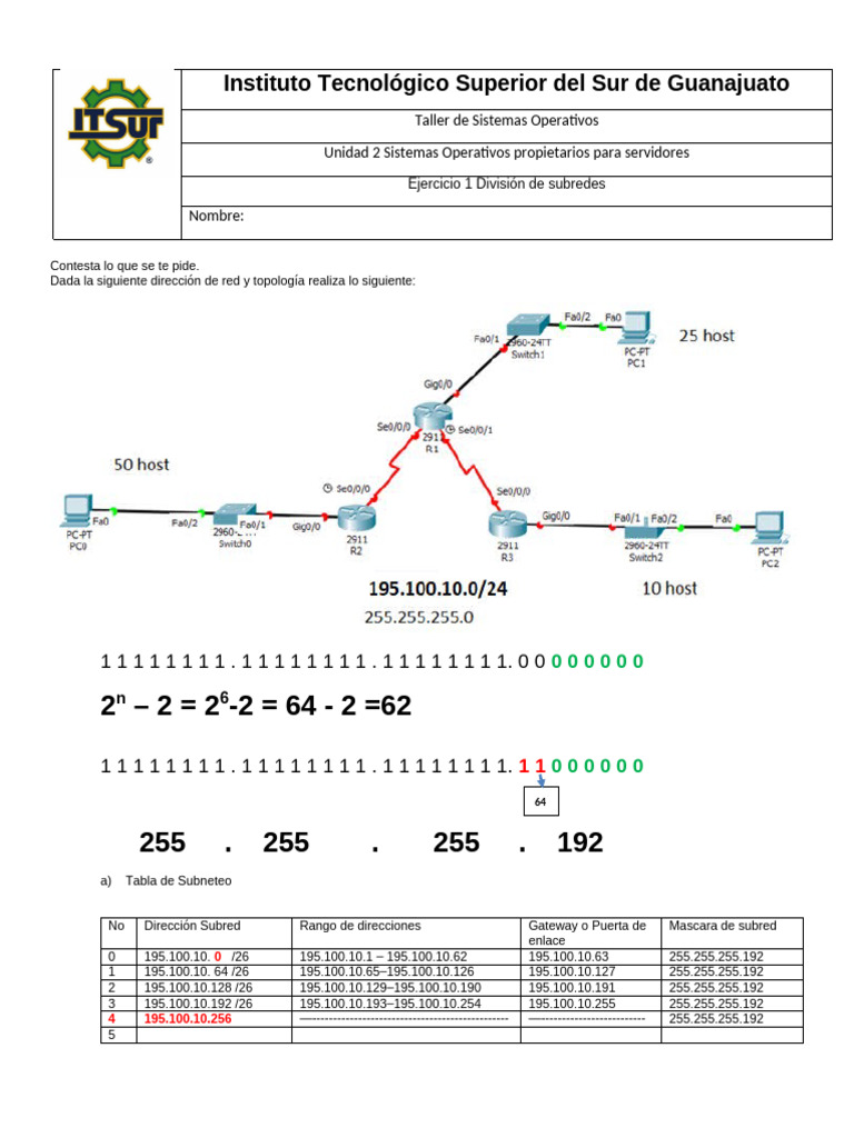 LUIS ENRIQUE FONSECA SOSA - Práctica 2 - U2 - División de Subredes | PDF | Internet | Red de ...