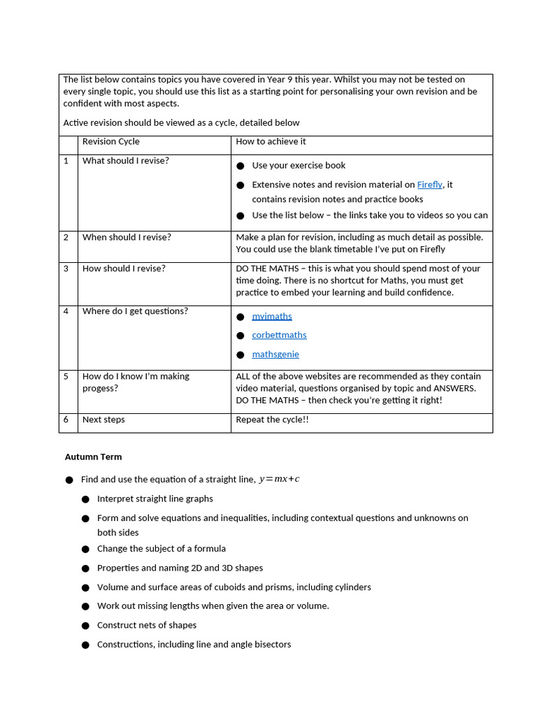 Year 9 Revision List Autumn | PDF