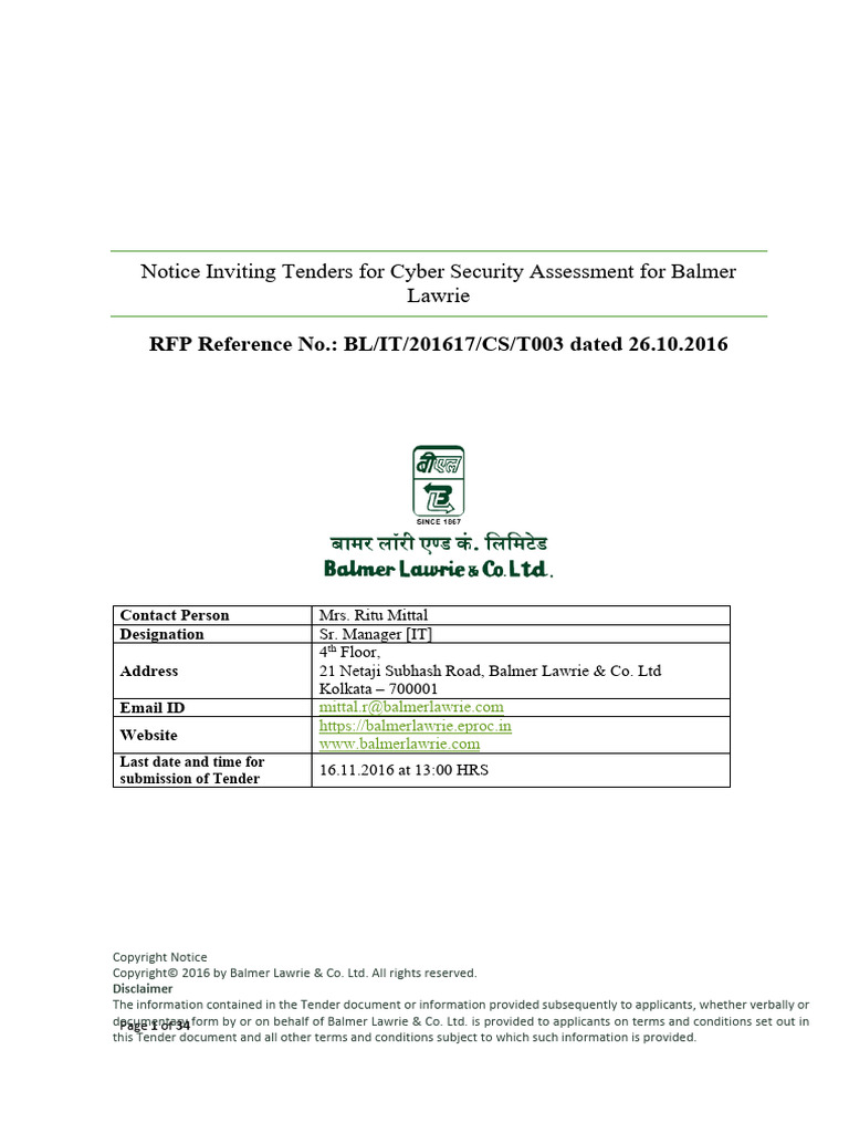 Cyber Security Tender for Balmer Lawrie | PDF | Indemnity | Computer Security