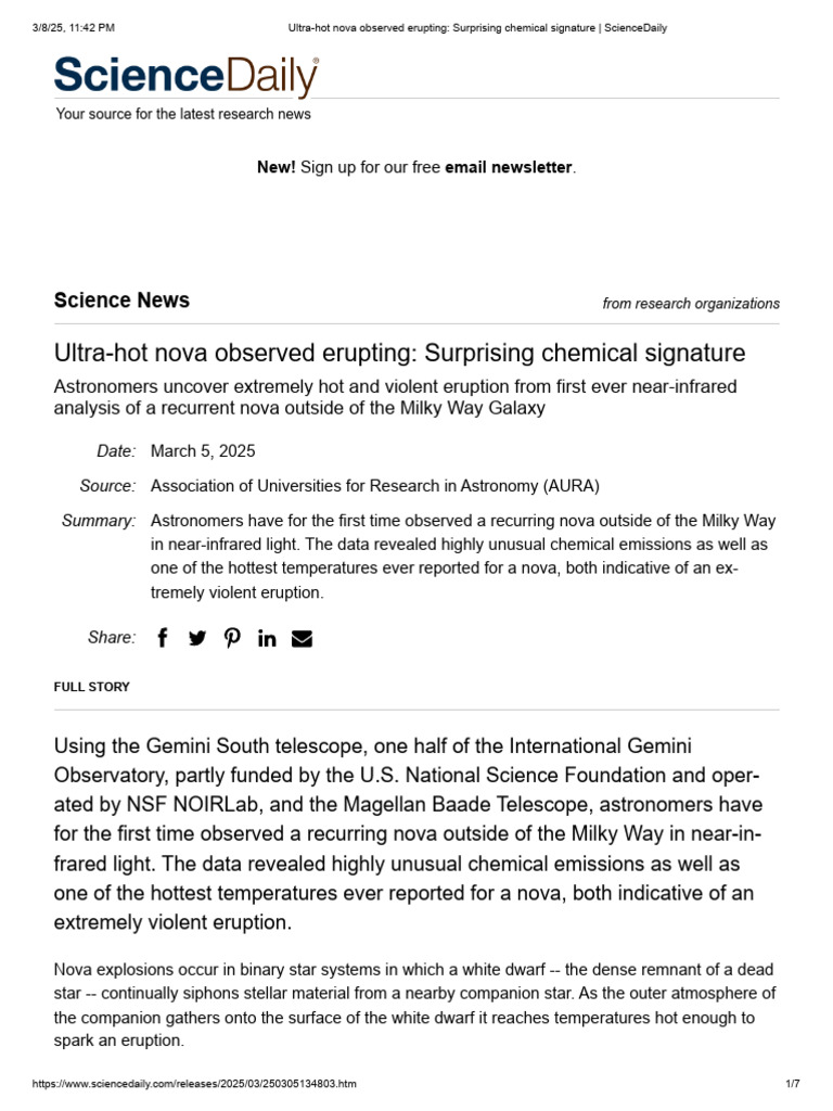 Ultra-Hot Nova Observed Erupting - Surprising Chemical Signature ...