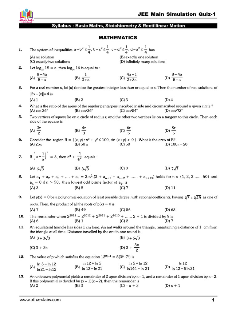 JEE Main Quiz-1 (Student Copy) | PDF | Physical Sciences | Chemistry