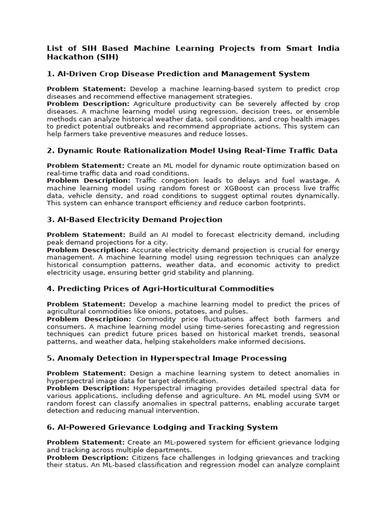SIH 2025 ML Project Ideas List | PDF | Machine Learning | Cluster Analysis