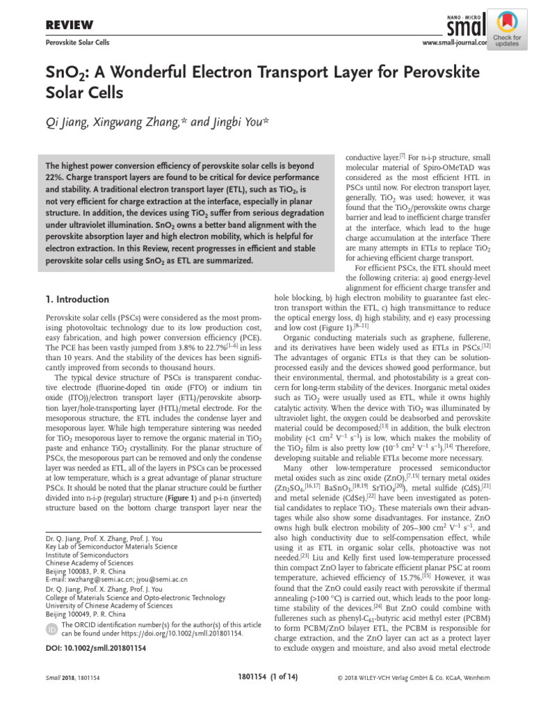 SnO2: A Wonderful Electron Transport Layer For Perovskite Solar Cells | PDF | Thin Film | Solar Cell