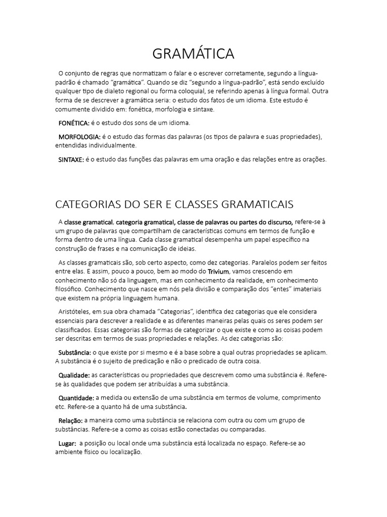 Gramática: Classes e Categorias do Ser | PDF | Gramática | Assunto ...