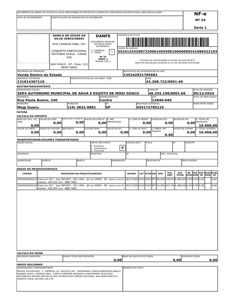 NFe 35241243208722000149550010000000241086522193 | PDF | Recibo | Business