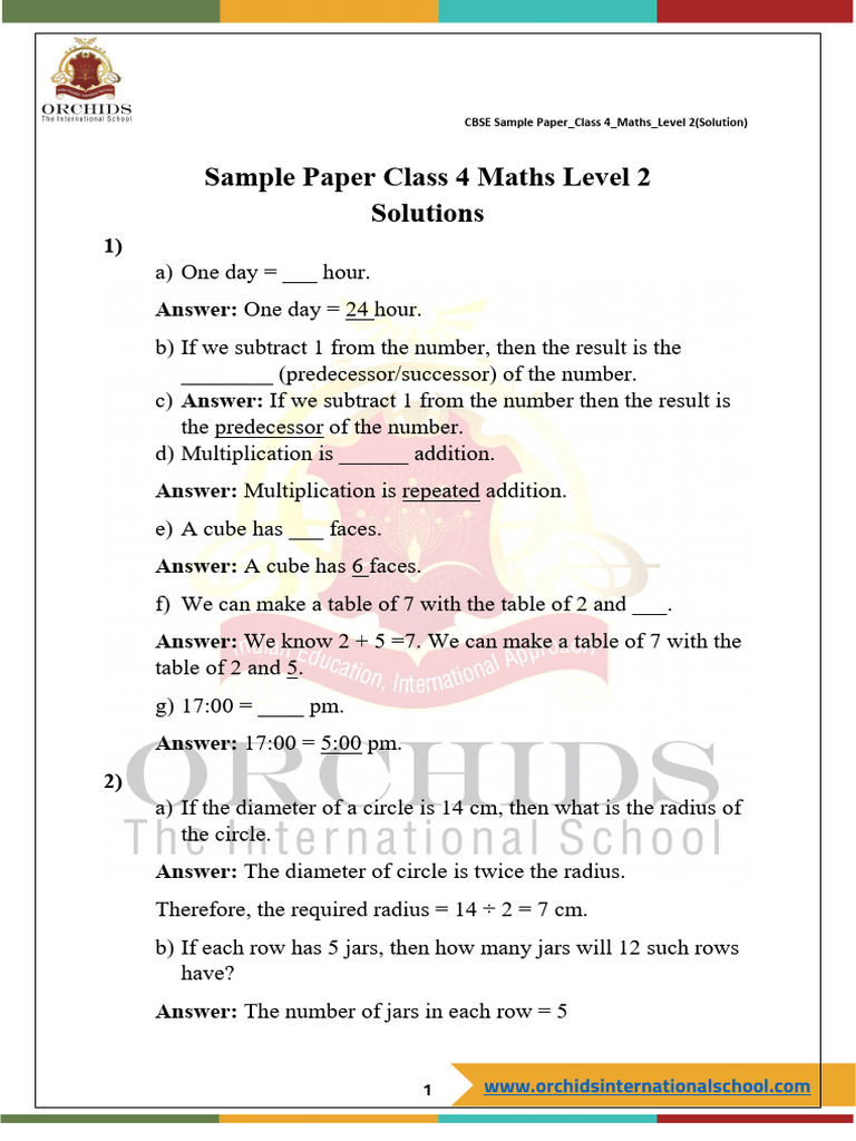 Solution Sample Paper Class 4 Maths Level 2 | PDF | Arithmetic ...