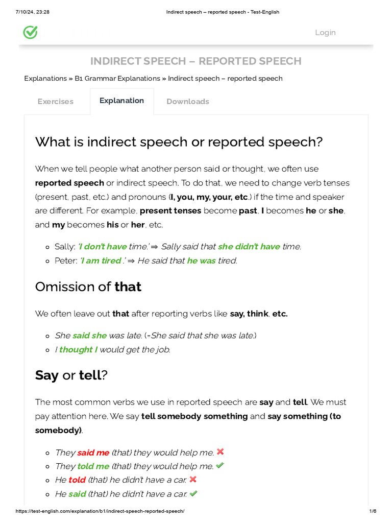 Indirect Speech - Reported Speech - Test-English | PDF | Verb ...