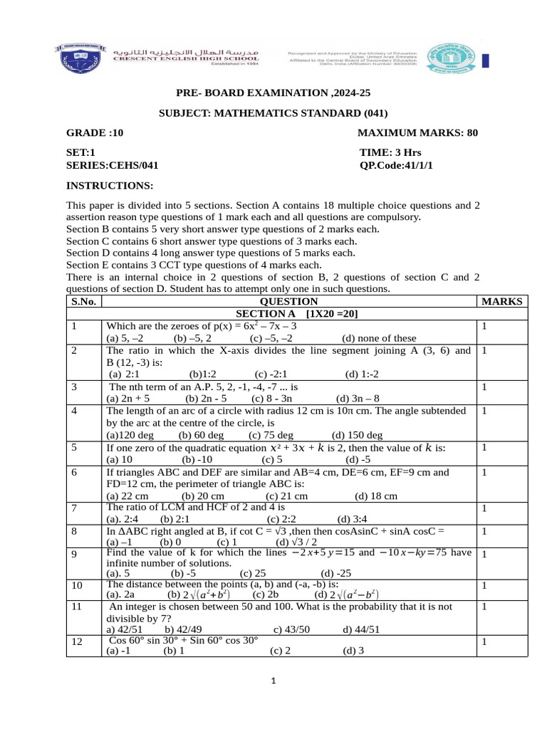 Maths Stand. X - QP - Pre-Board Set I | PDF | Circle | Sphere