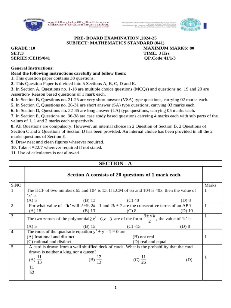 Maths Stand. X - QP - Pre-Board Set Iii | PDF | Circle | Quadratic Equation