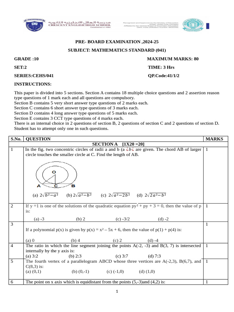 MATHS STAND. X_QP_PRE-BOARD SET II | PDF | Circle | Angle