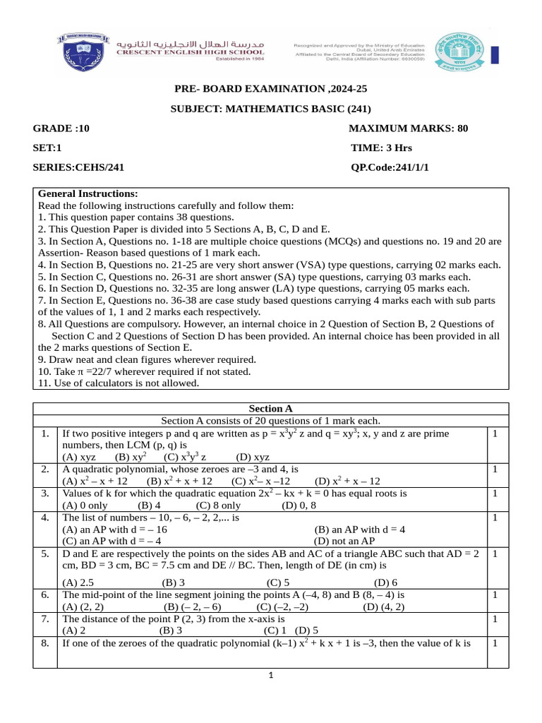 Maths Basic X - QP - Pre-Board Set I | PDF | Sphere | Quadratic Equation