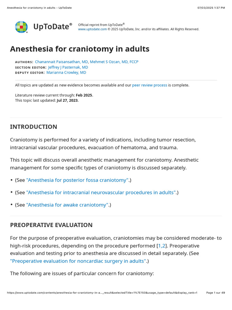 Anesthesia For Craniotomy in Adults - UpToDate | PDF | Anesthesia | Traumatic Brain Injury