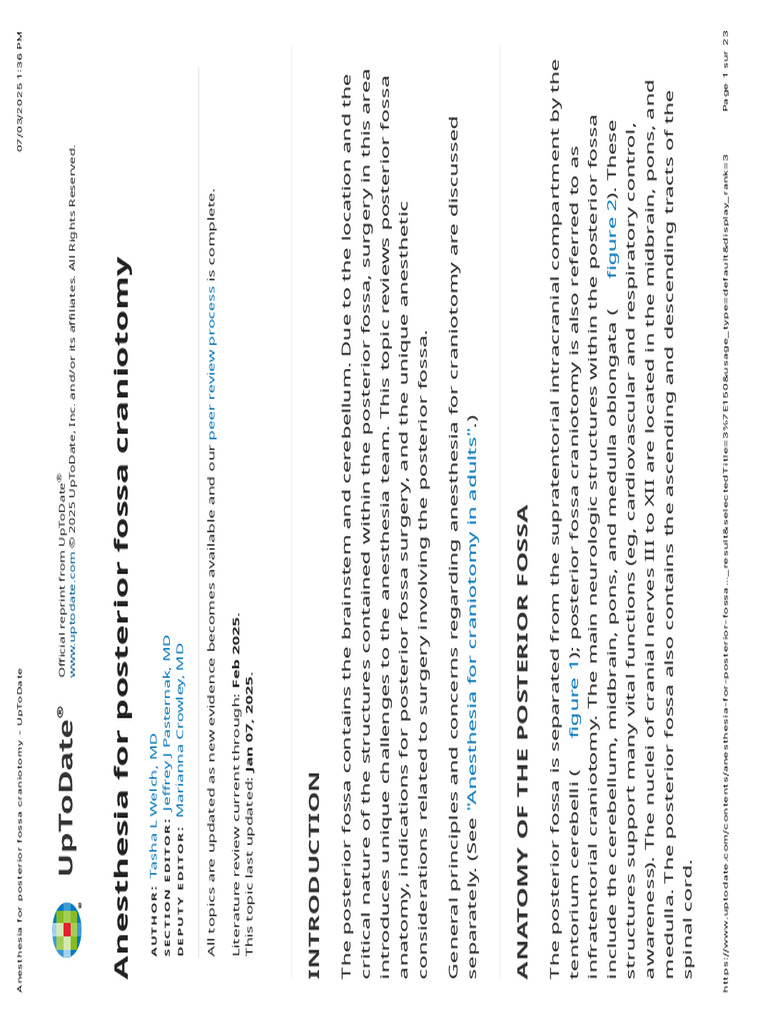 Anesthesia For Posterior Fossa Craniotomy - UpToDate | PDF | Anesthesia | Surgery