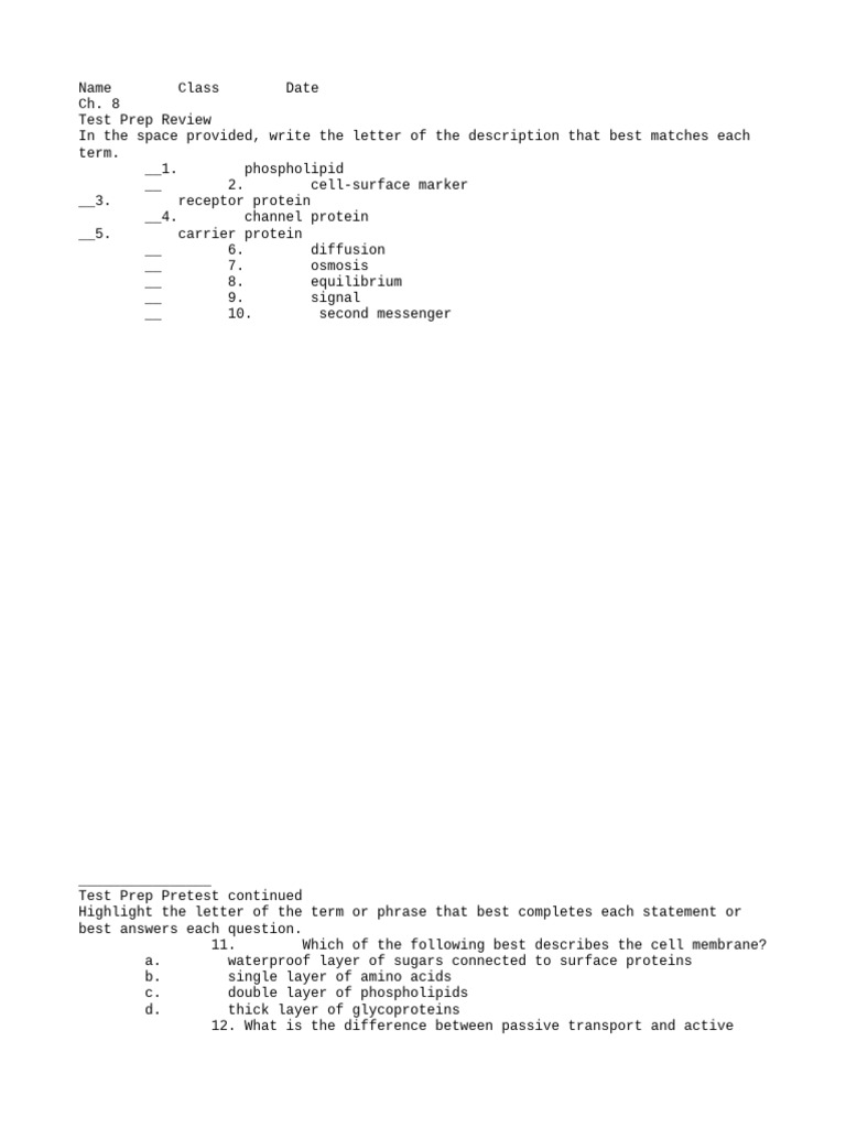 Bio Ch 8 Test Prep Pdf Cell Membrane Cell Biology
