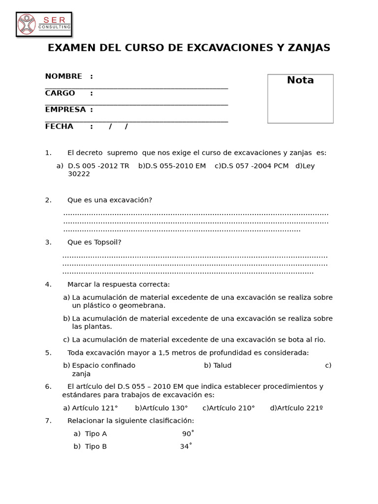 Examen de Excavaciones y Zanjas PDF Free | PDF