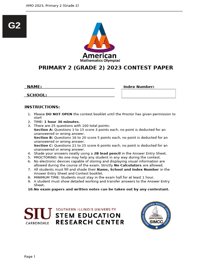 AMO Grade 2 Contest Paper 2023 | PDF