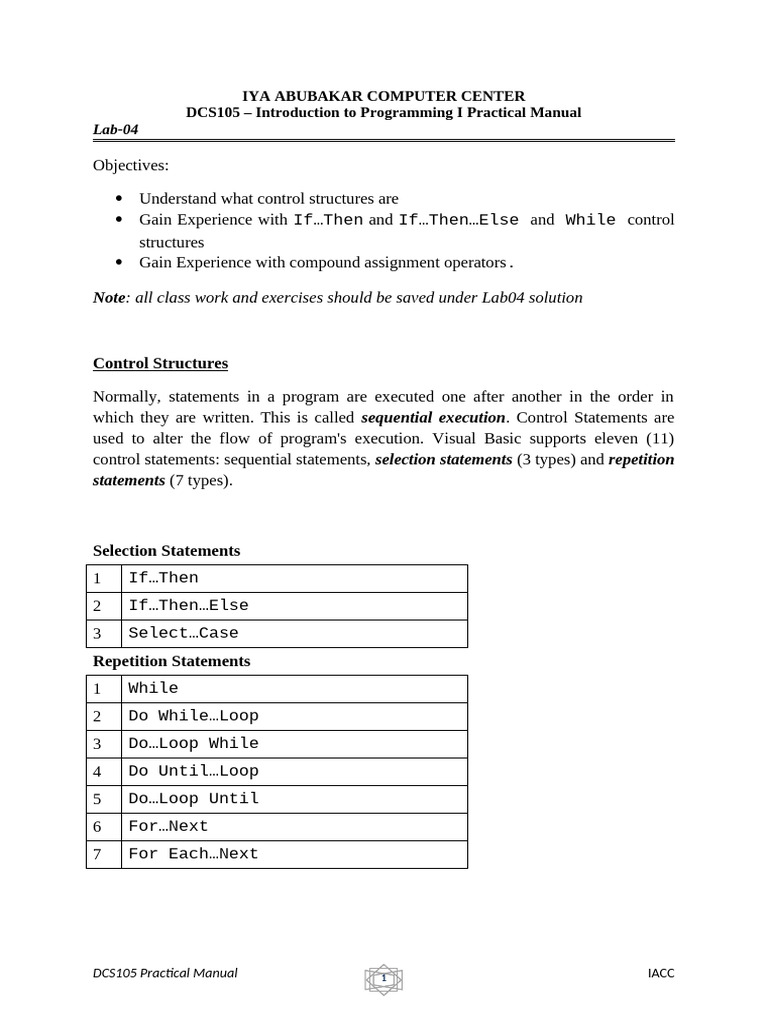 DCS105 Laboratory Practical Week 4 | PDF | Control Flow | Computer ...