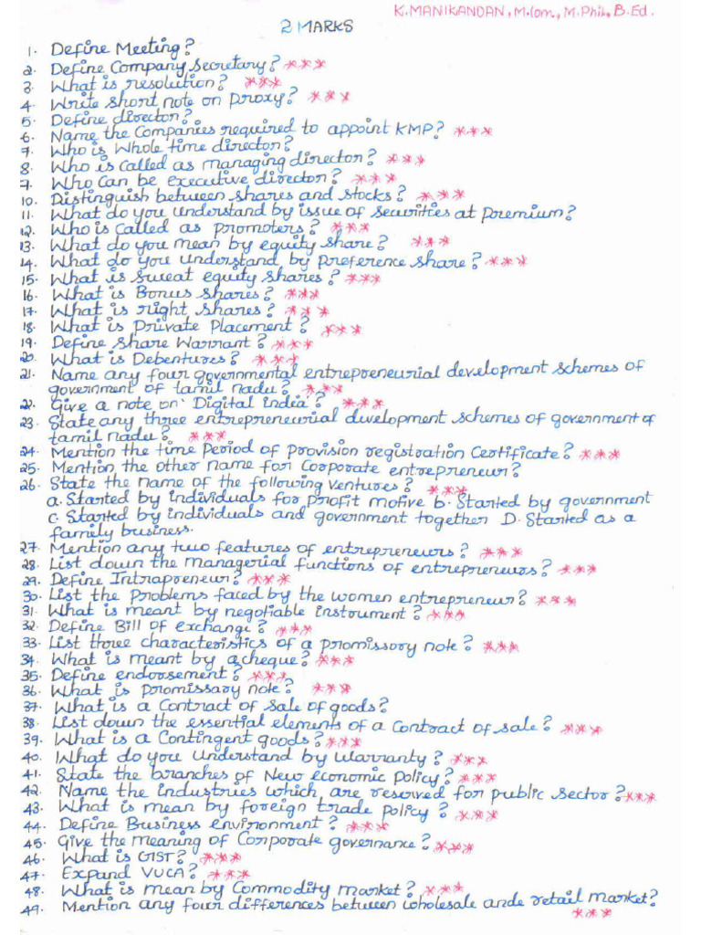 Namma Kalvi 12th Commerce Important Questions em 216360 | PDF
