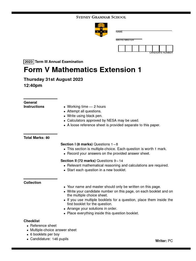 Sydney Grammar 2023 3U Prelim Yearly | PDF | Equations | Circle