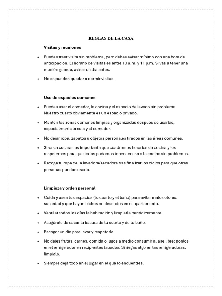 Reglas para el Cuarto y Convivencia | PDF | Cocina | Higiene