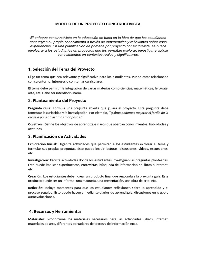 Modelo de Un Proyecto Constructivista | PDF | Constructivismo (filosofía de la educación ...