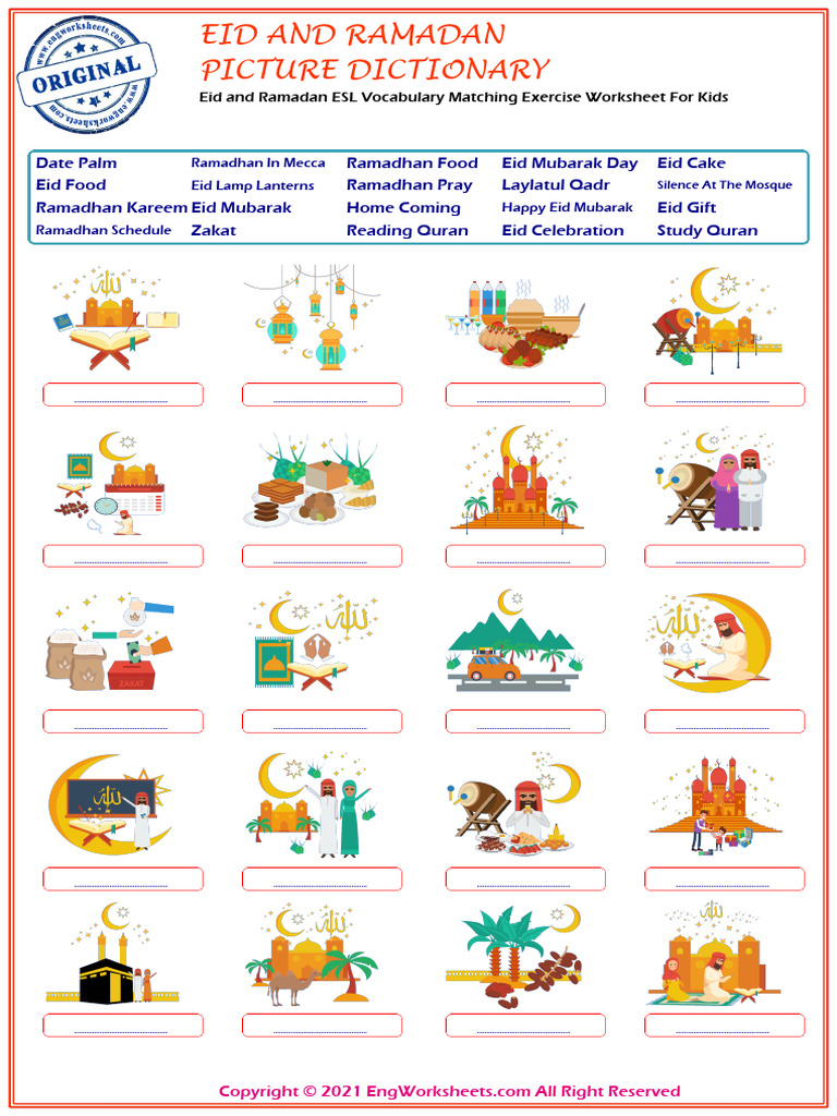 Eid and Ramadan Esl Vocabulary Matching Exercise Worksheet For Kids ...