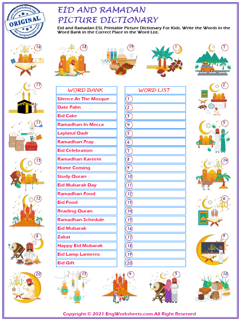 Eid and Ramadan Esl Printable Picture Dictionary For Kids Write The ...