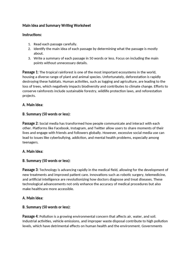 Main Idea and Summary Writing Worksheet | PDF | Renewable Energy ...