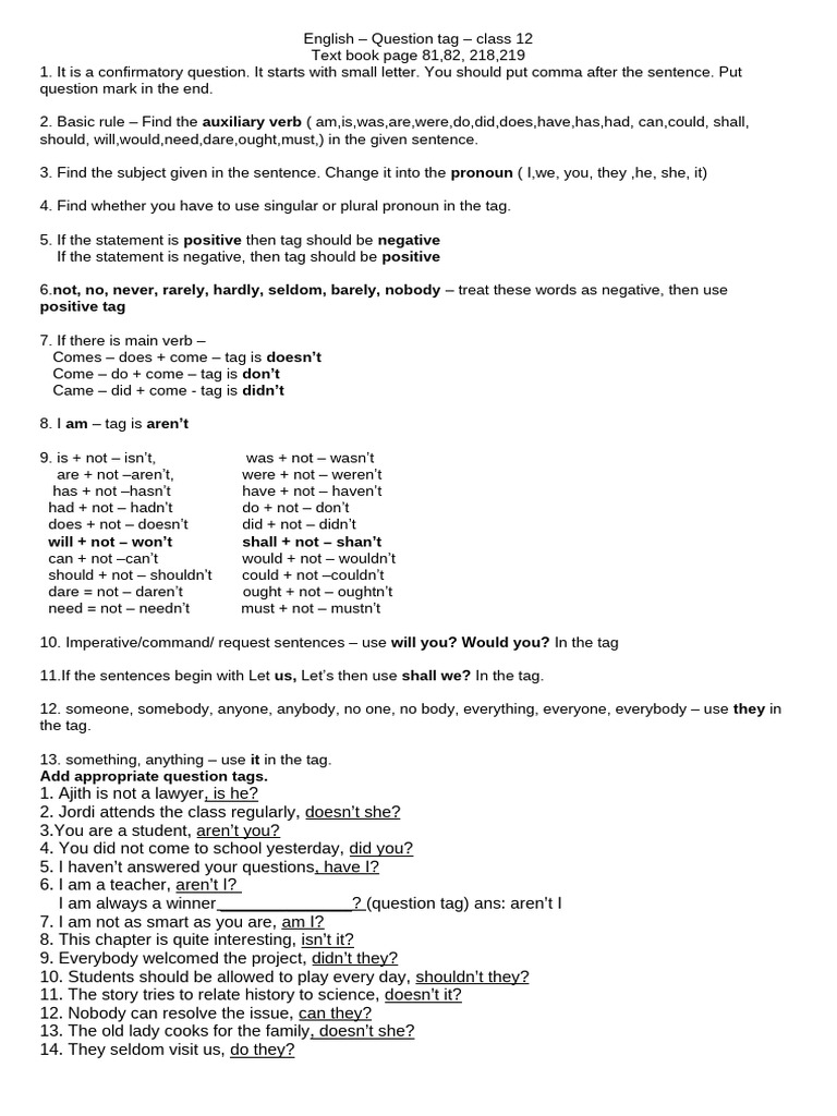Question Tags Guide for Class 12 | PDF | Linguistics | Grammar