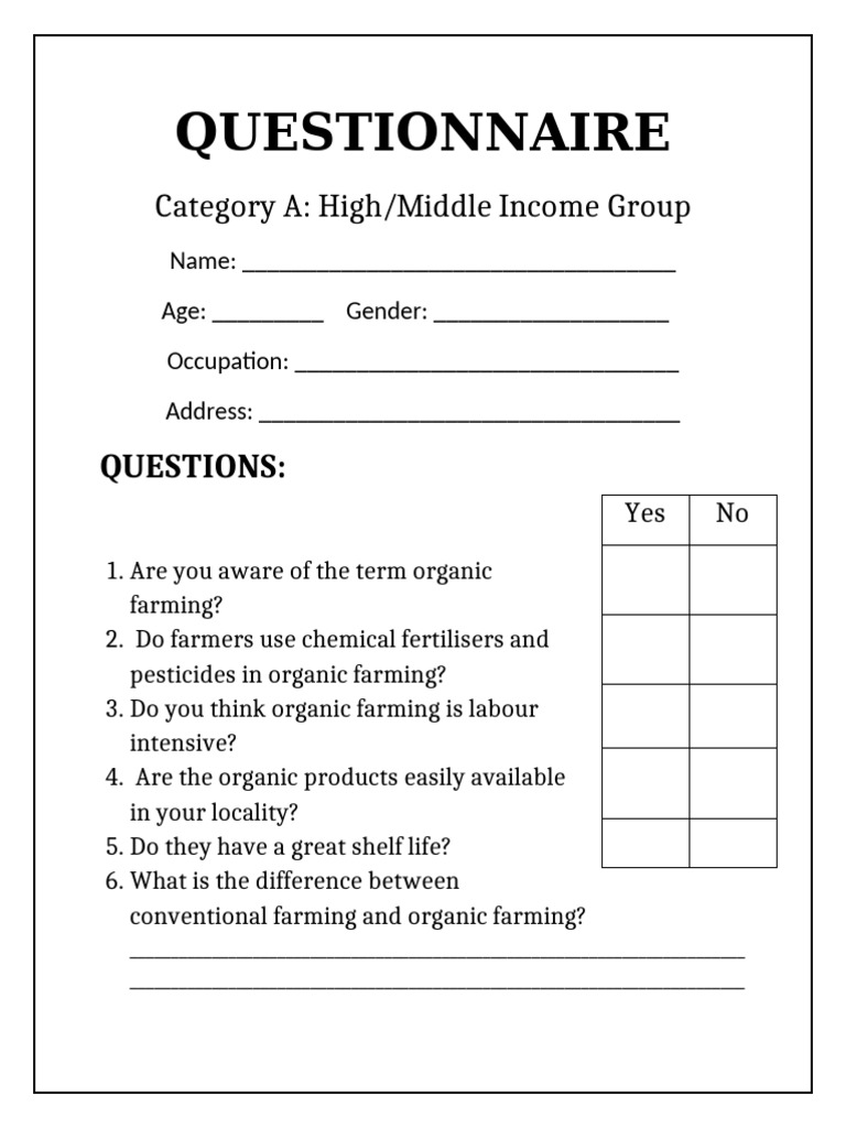 QUESTIONNAIRE - Middle Income - Organic Farming | PDF