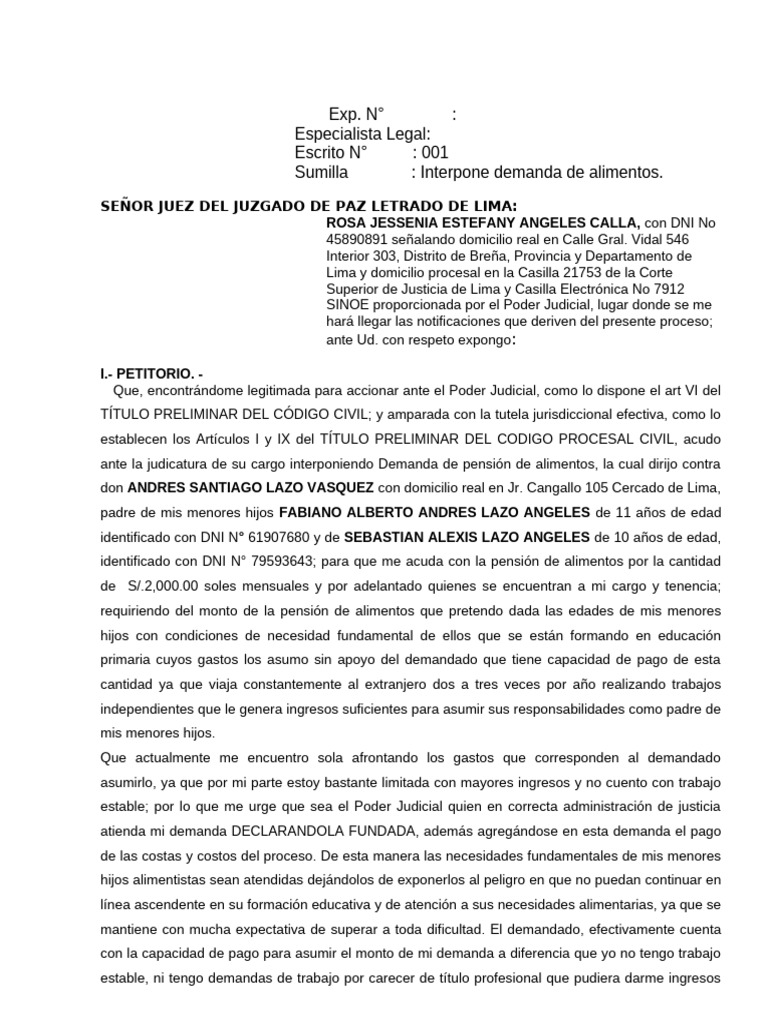 Demanda Alimentos Estefany | PDF | Pensión alimenticia | Demanda judicial